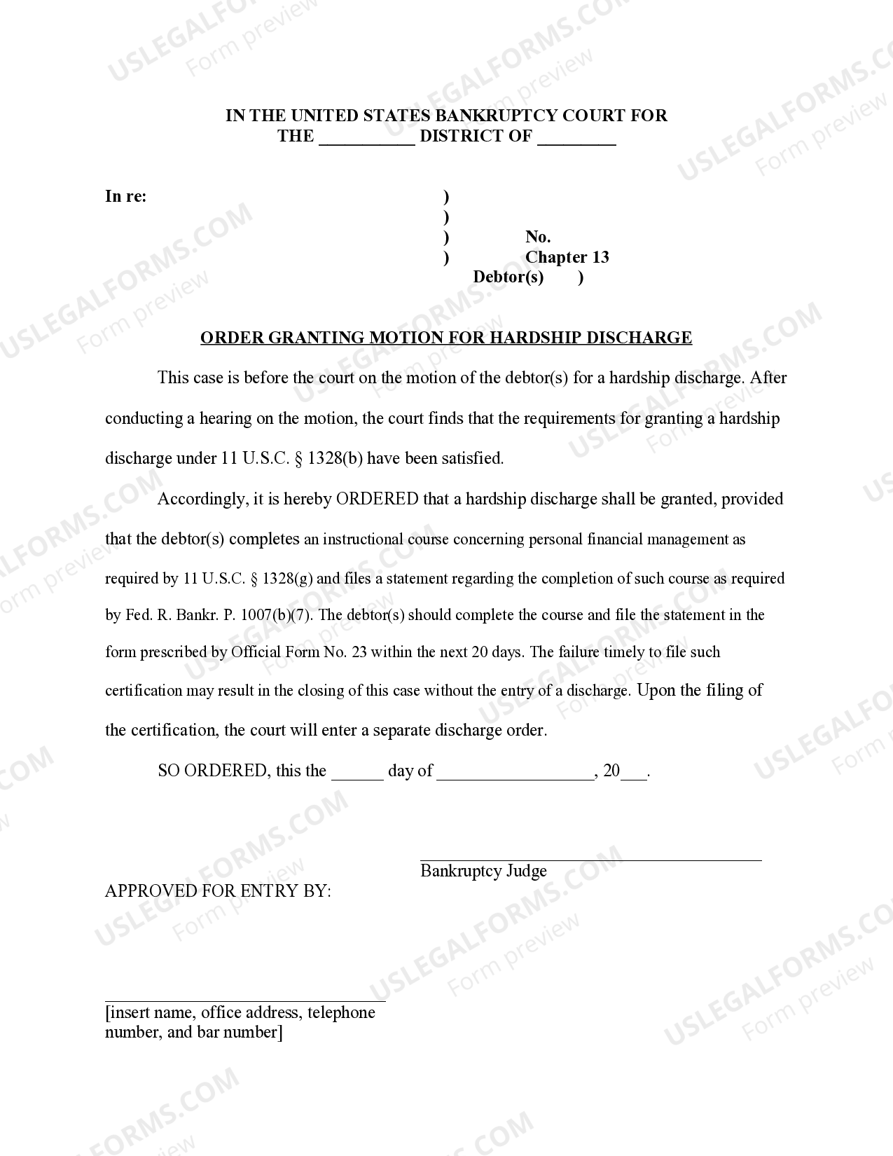 Order granting motion for hardship discharge - Hardship Discharge | US ...
