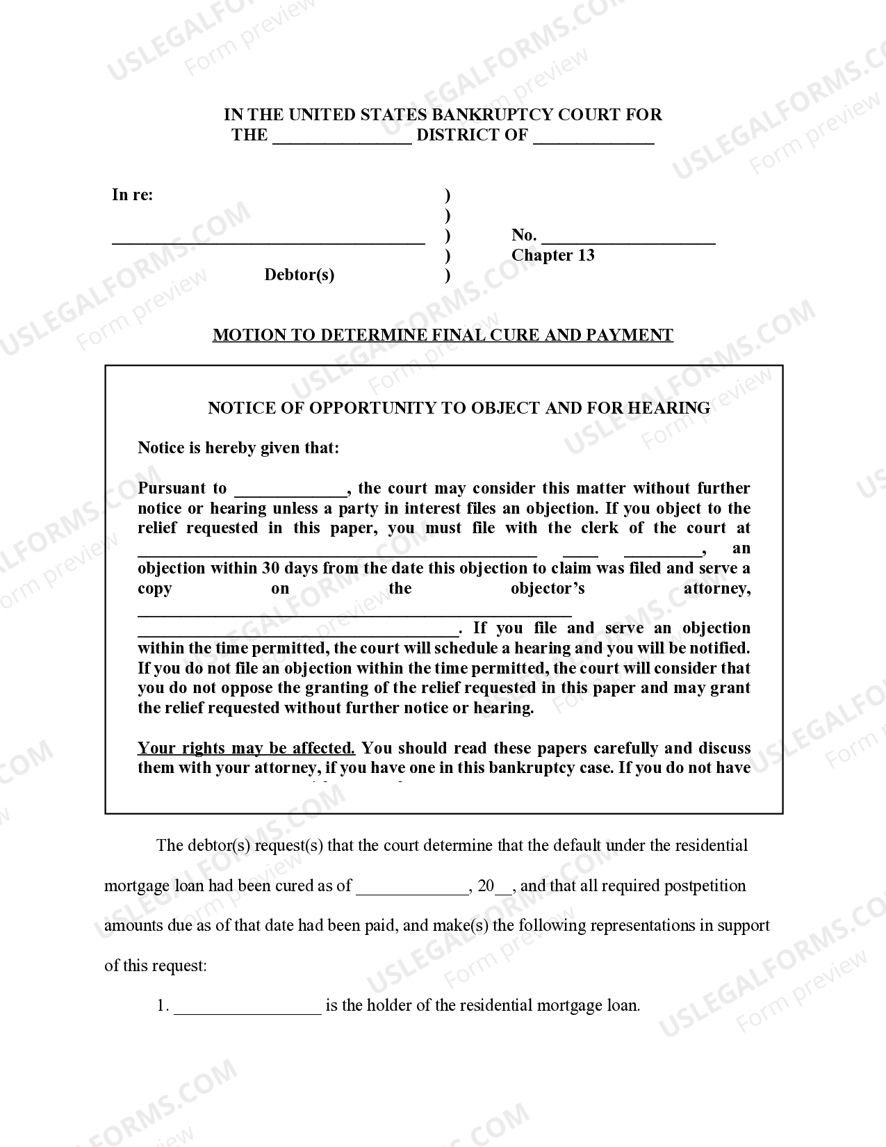 Motion to determine final cure and payment (mortgagee's response agrees ...