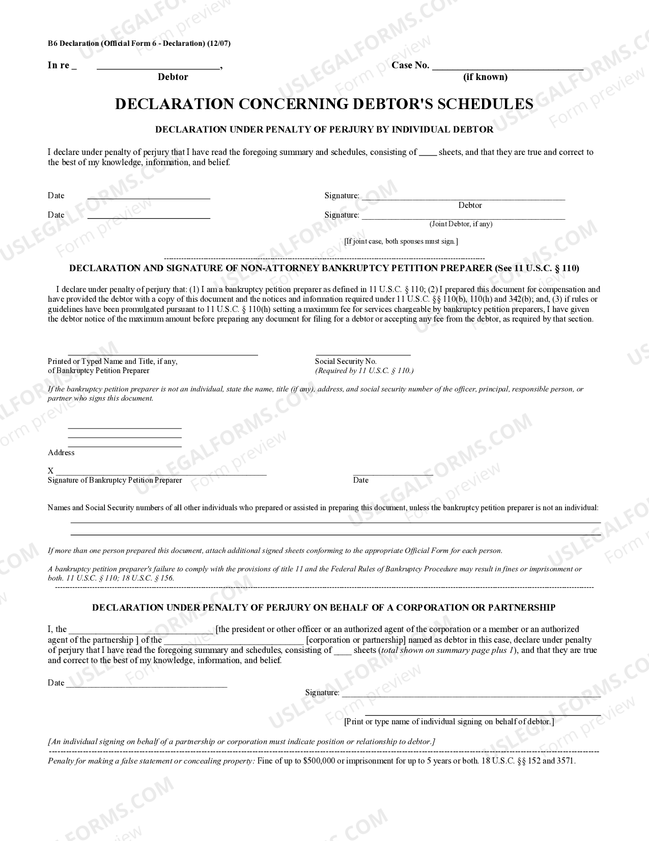 Declaration Concerning Debtors' Schedules - Form 6SIG - Post 2005 | US ...