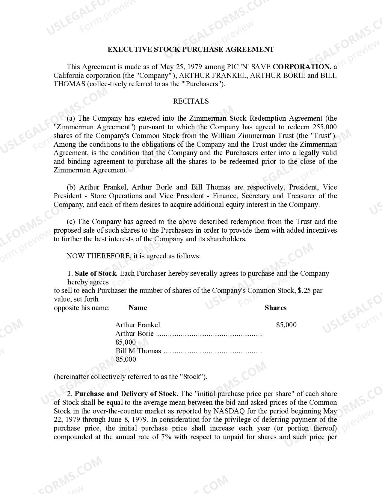 Hawaii Sample Executive Stock Purchase Agreement between Pic N Save ...