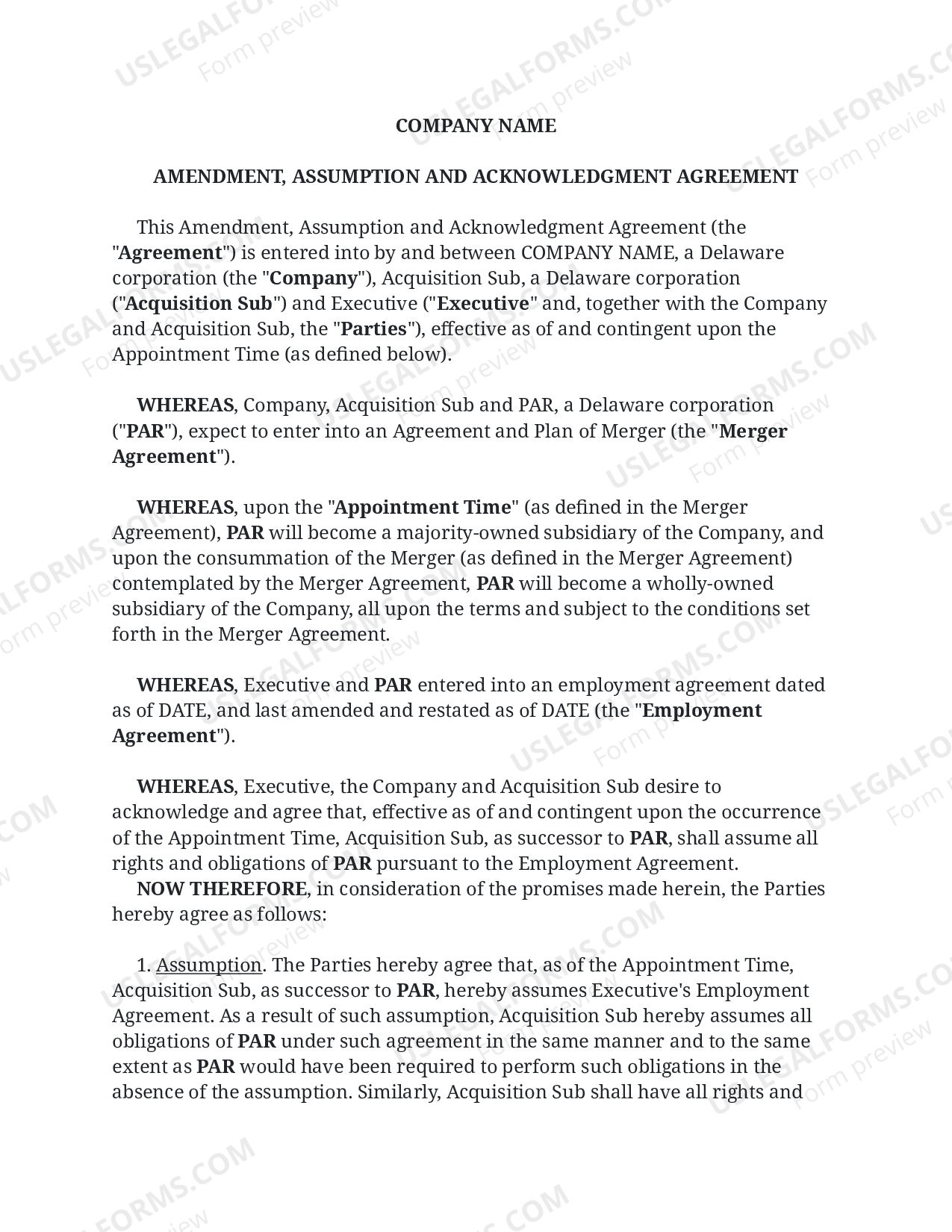 Amendment to Assumption and Acknowledgment Agreement | US Legal Forms