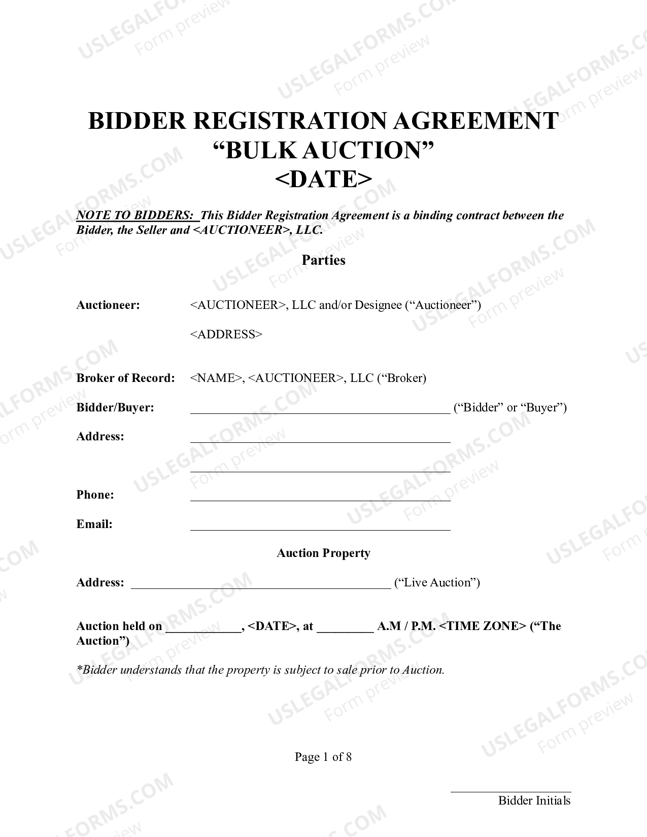 Bidder Registration Agreement - "Bulk Auction" | US Legal Forms