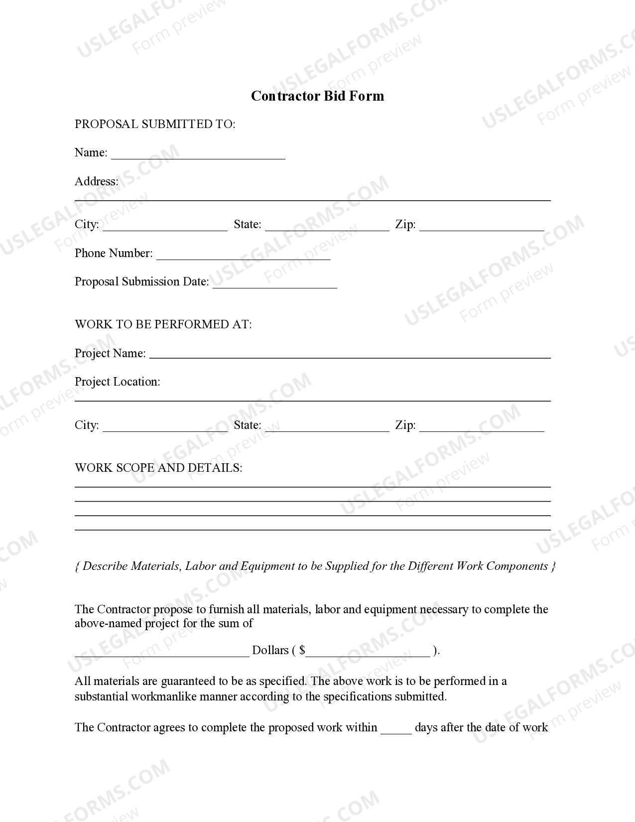 Contractor Bid Form | US Legal Forms