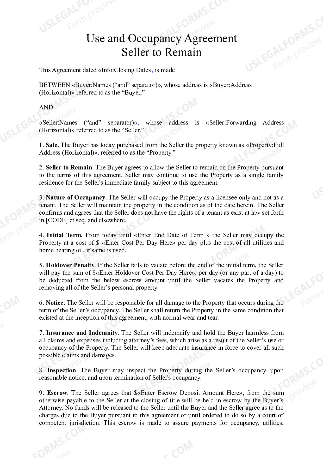 Use and Occupancy Agreement when Seller plans to Remain | US Legal Forms