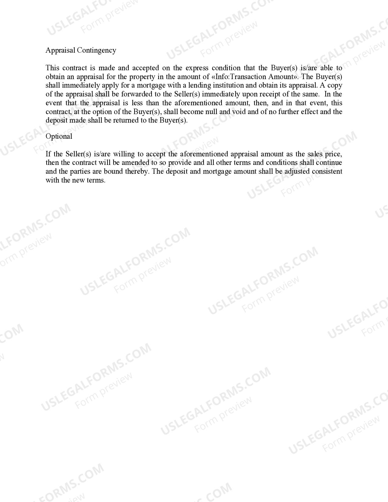 Appraisal Contingency Clauses: Contract for Real Property | US Legal Forms