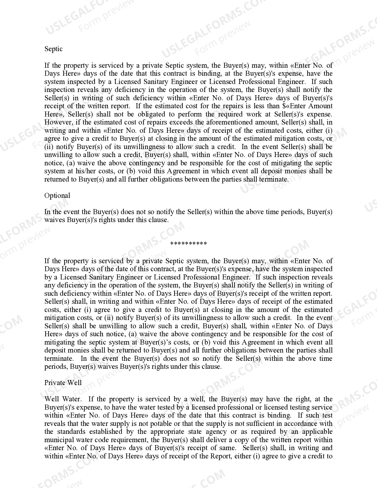 Septic Tank-Private Well Clauses: Contract for Real Property | US Legal ...