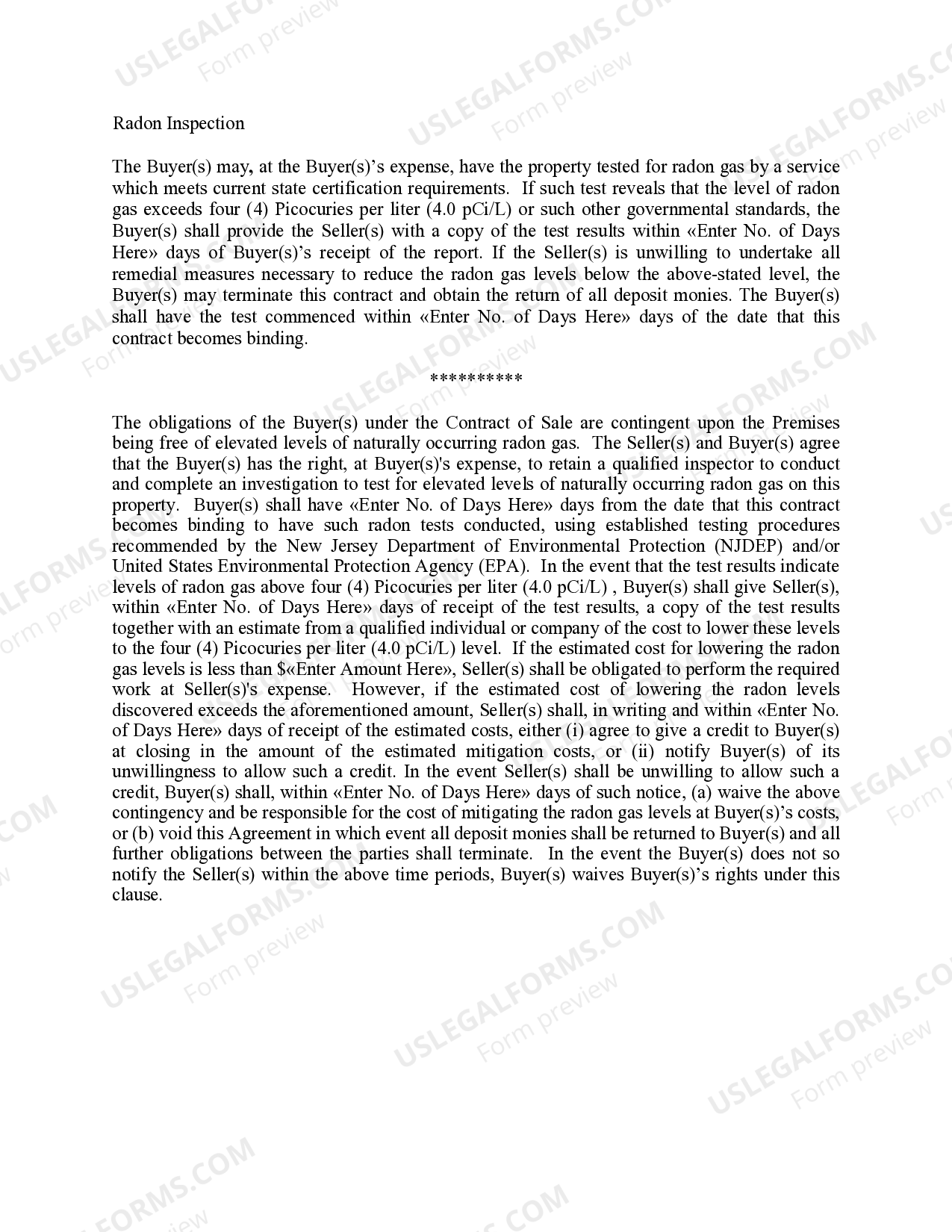 Radon Inspection Clauses: Contract for Real Property | US Legal Forms