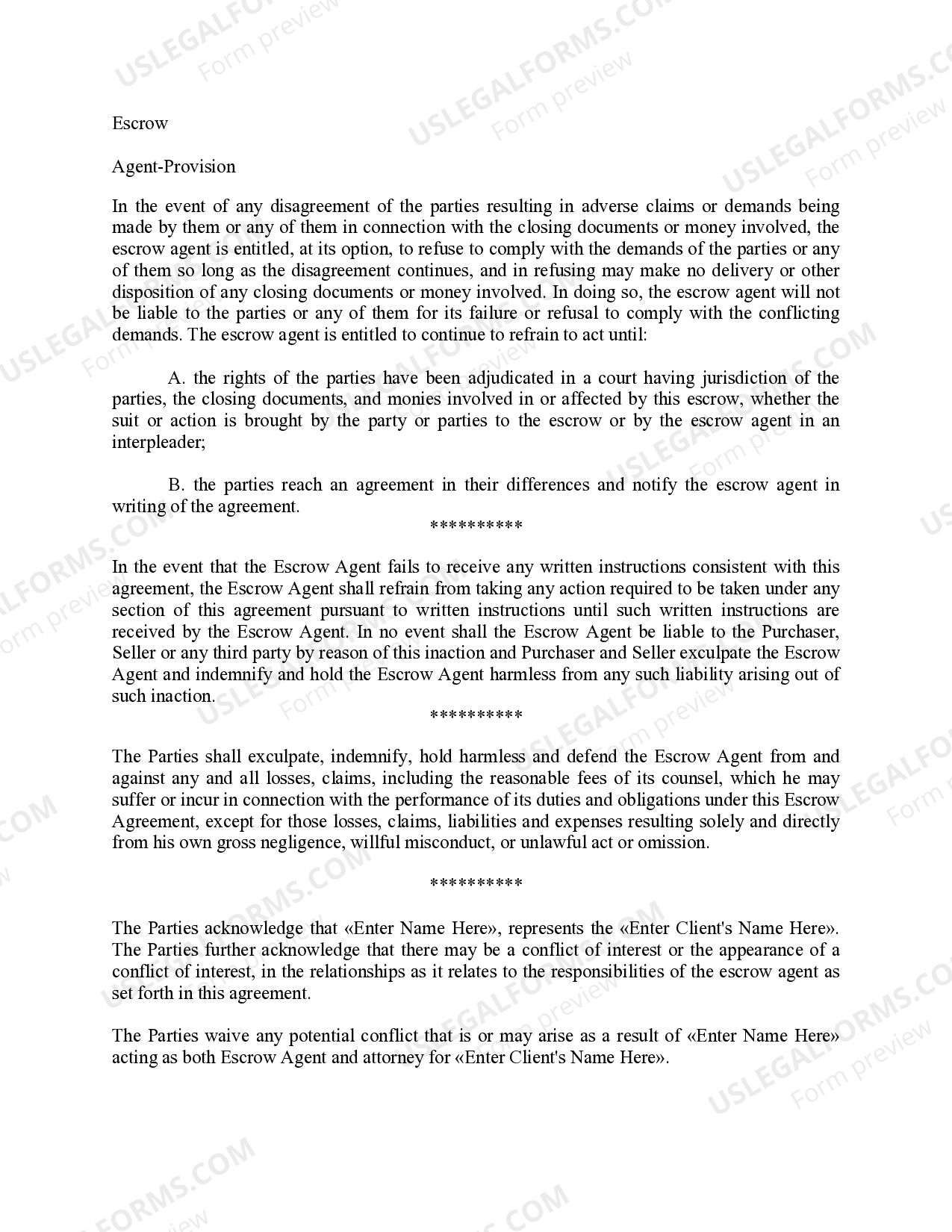 Escrow Agent Clauses: Contract for Real Property | US Legal Forms