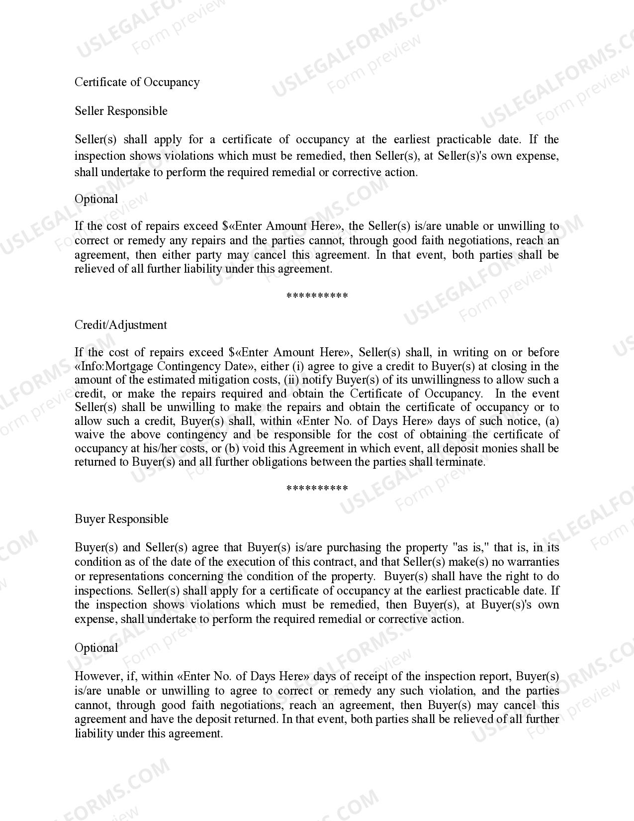 Certificate of Occupancy Clauses: Contract for Real Property | US Legal ...