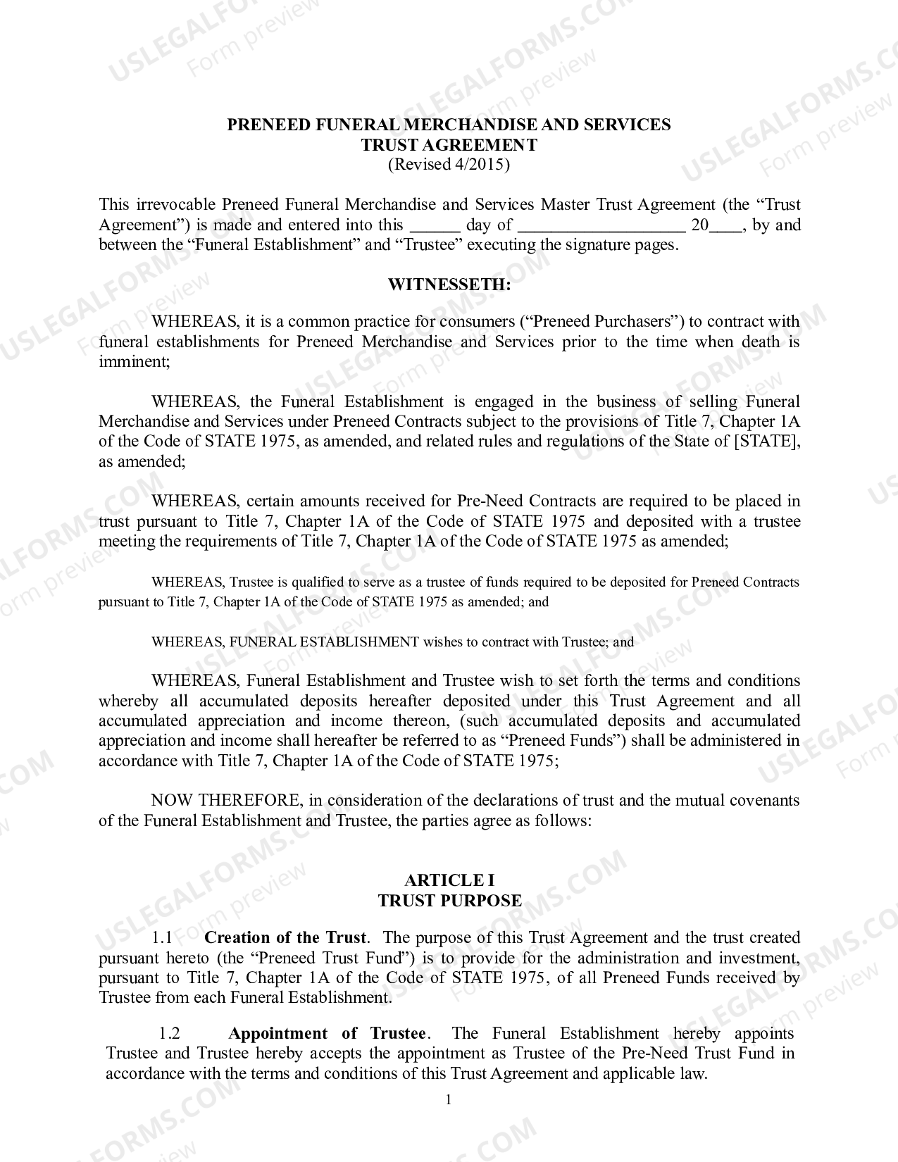 Preneed Funeral Merchandise and Services Trust Agreement | US Legal Forms