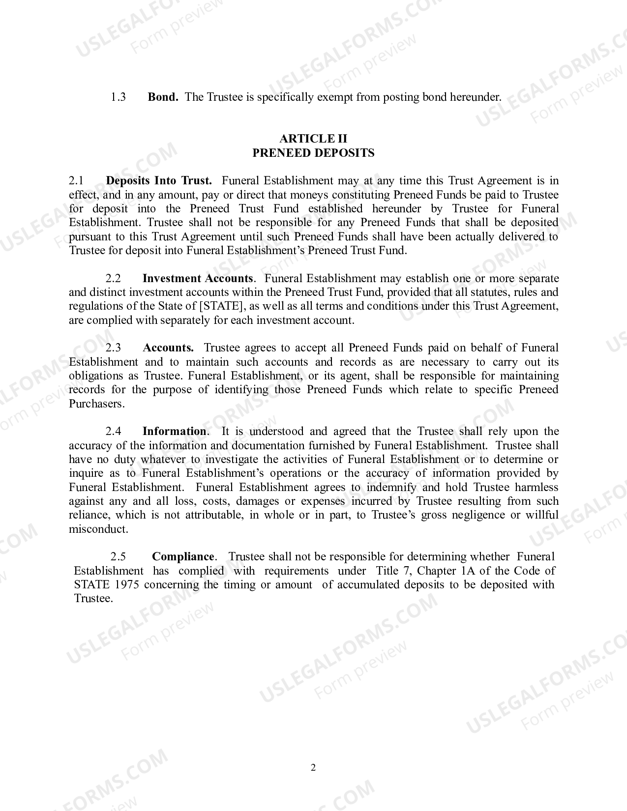 Preneed Funeral Merchandise and Services Trust Agreement | US Legal Forms