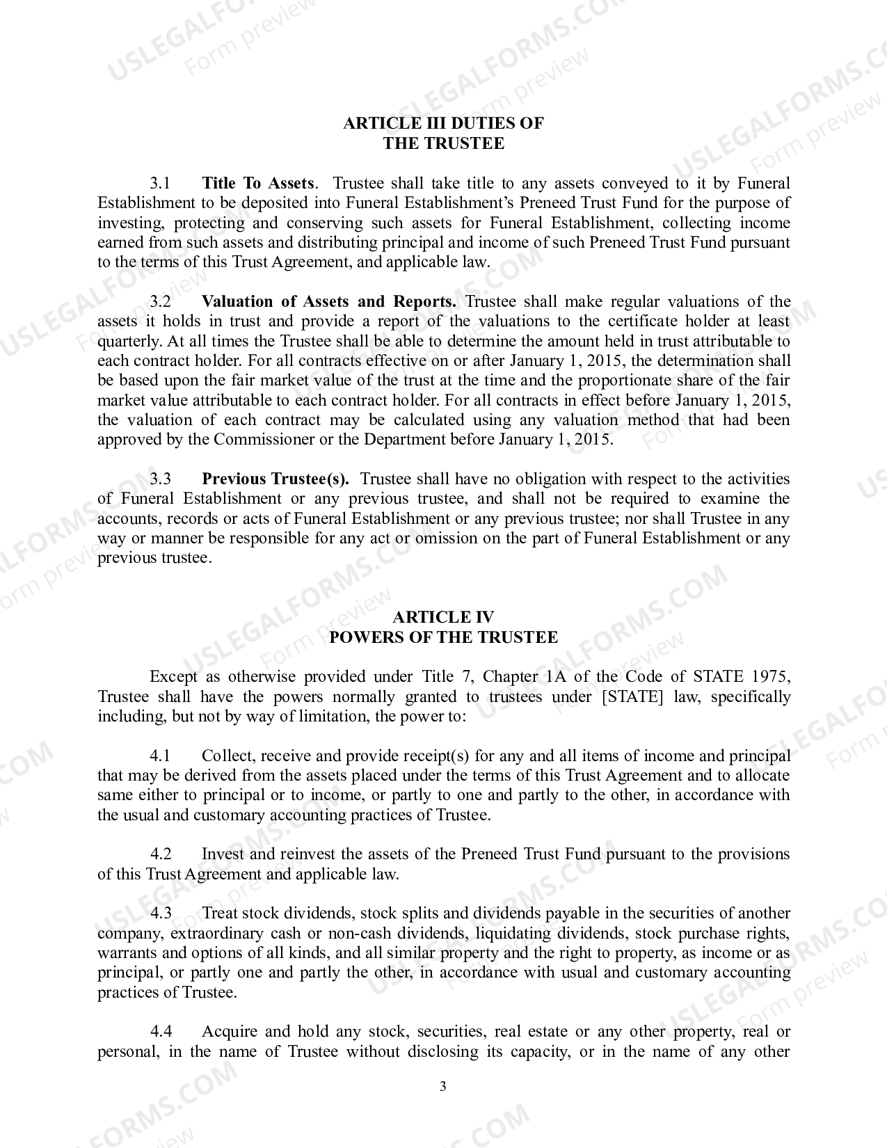 Preneed Funeral Merchandise and Services Trust Agreement | US Legal Forms