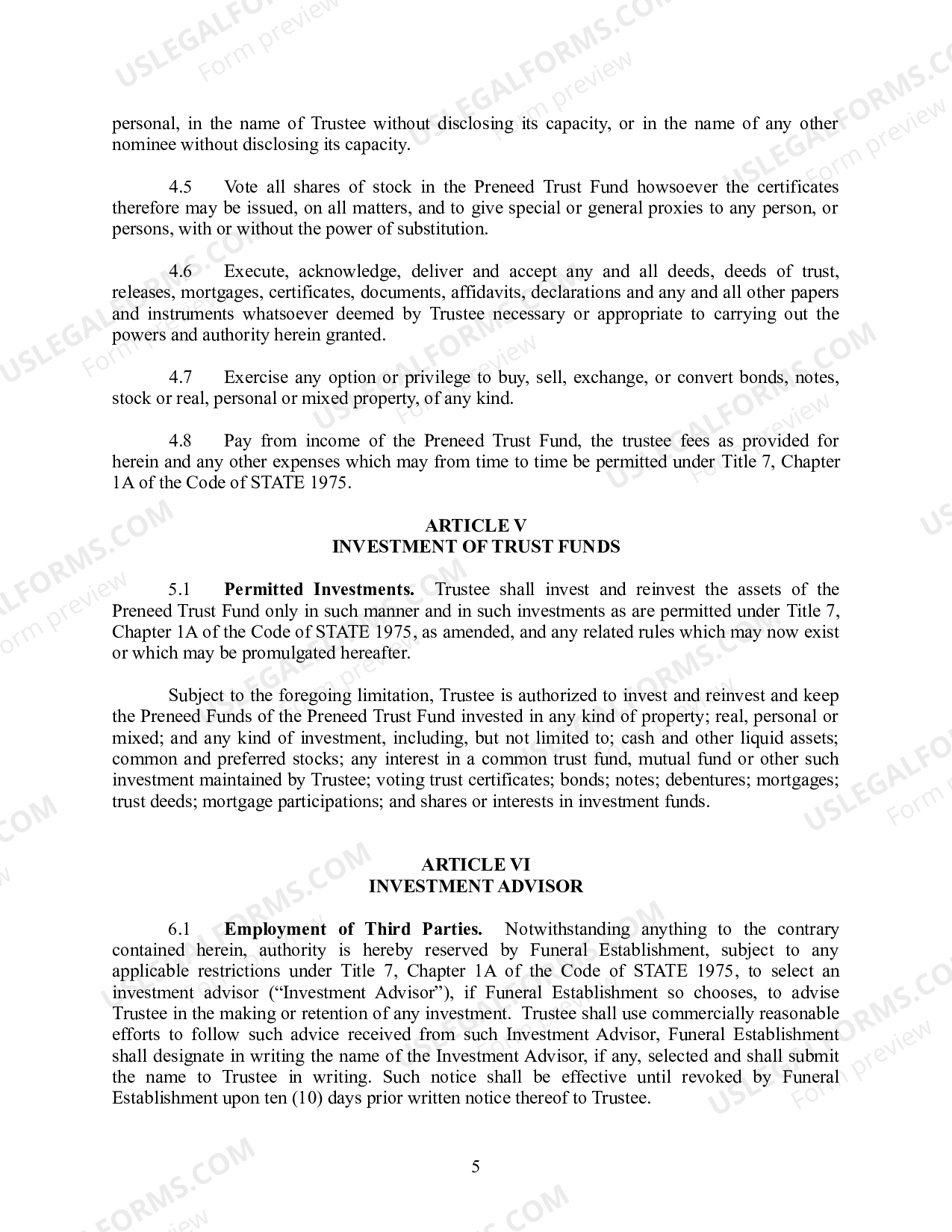 Preneed Funeral Merchandise and Services Master Trust Agreement | US ...