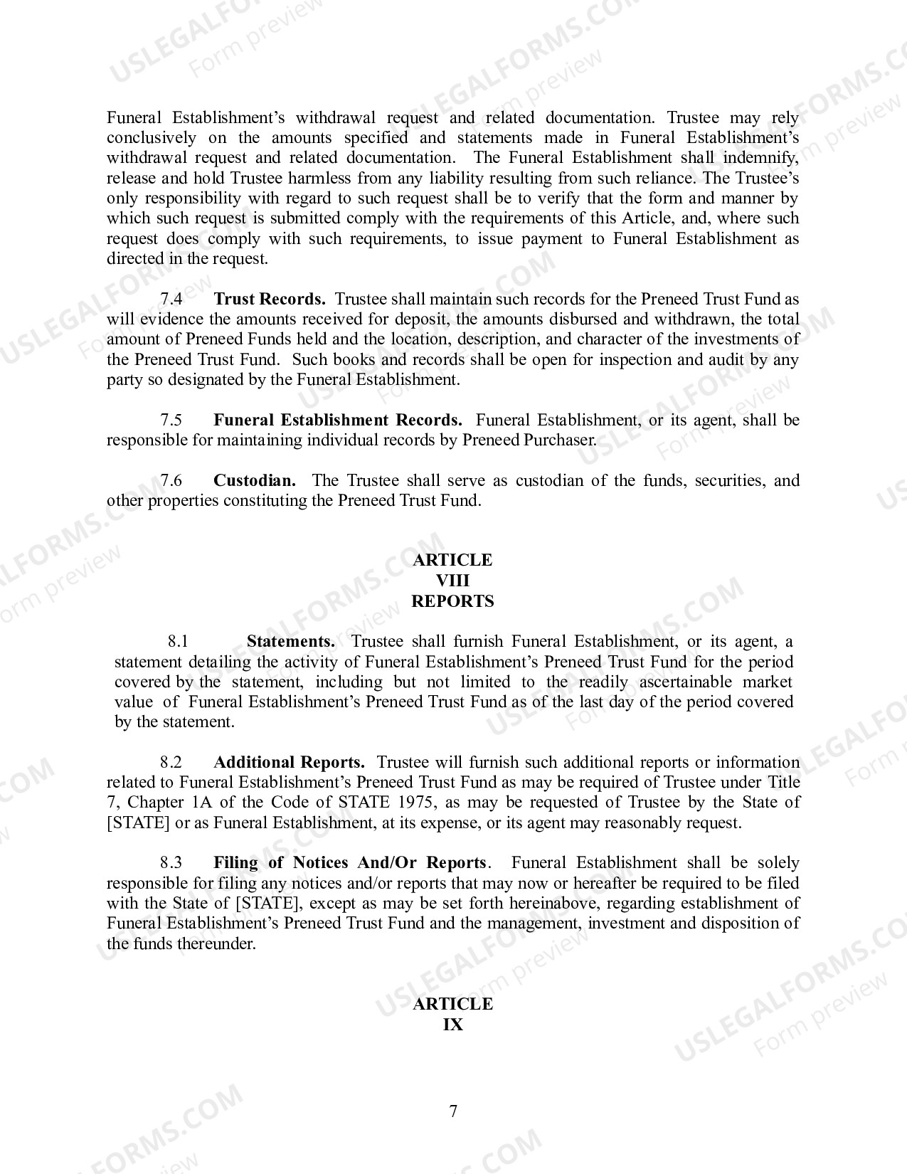 Preneed Funeral Merchandise and Services Master Trust Agreement | US ...
