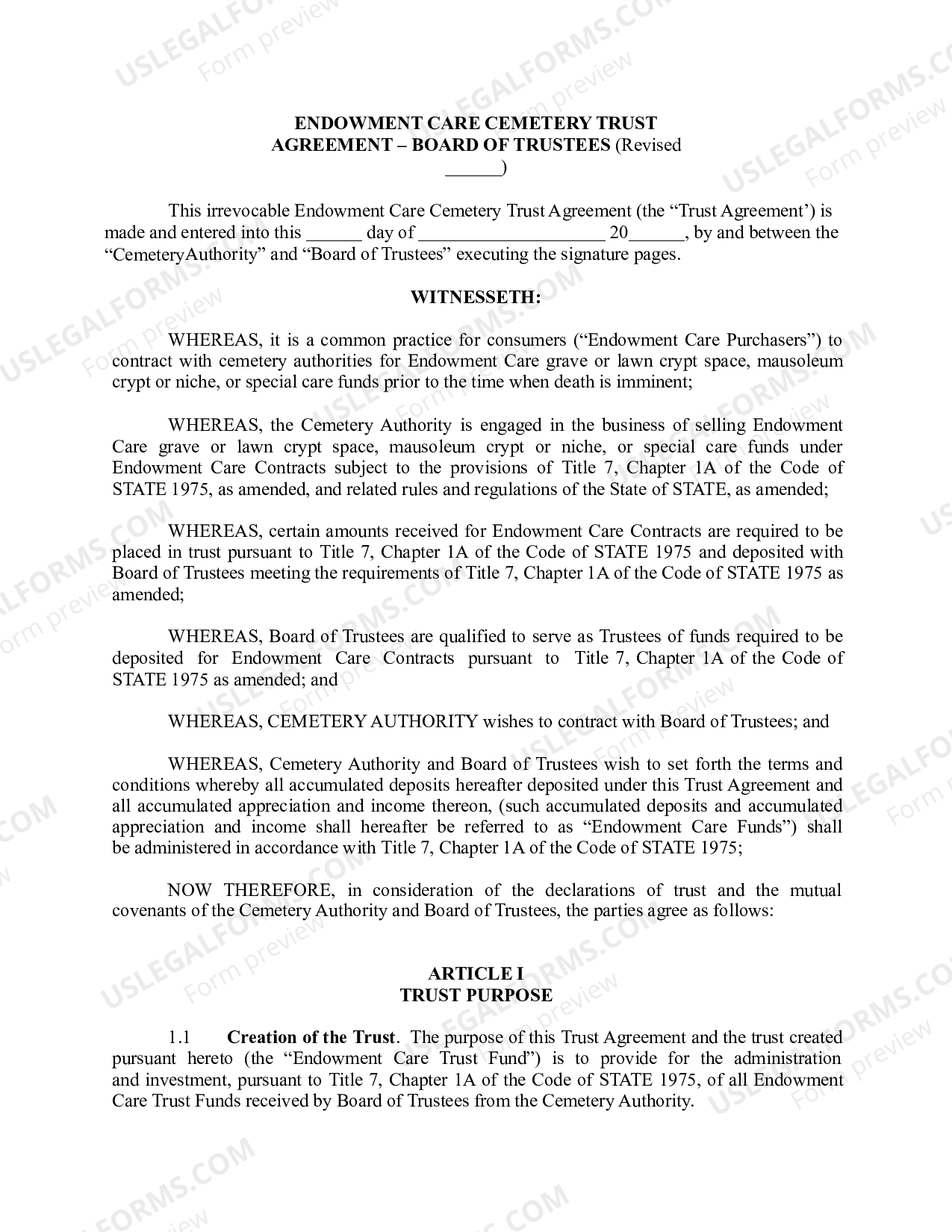 Preneed Endowment Care Cemetery Trust Agreement - Board of Trustees ...