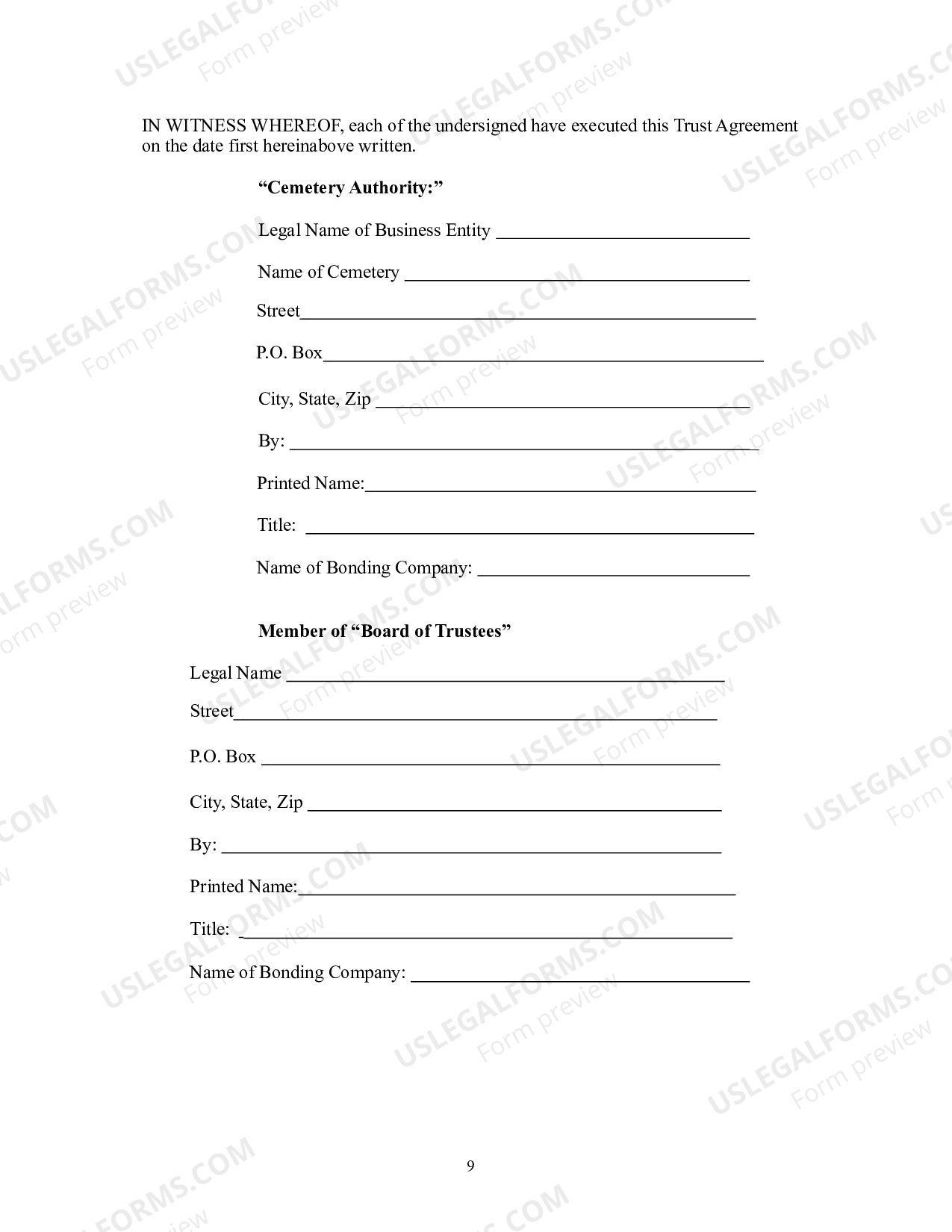 Preneed Endowment Care Cemetery Trust Agreement - Board of Trustees ...