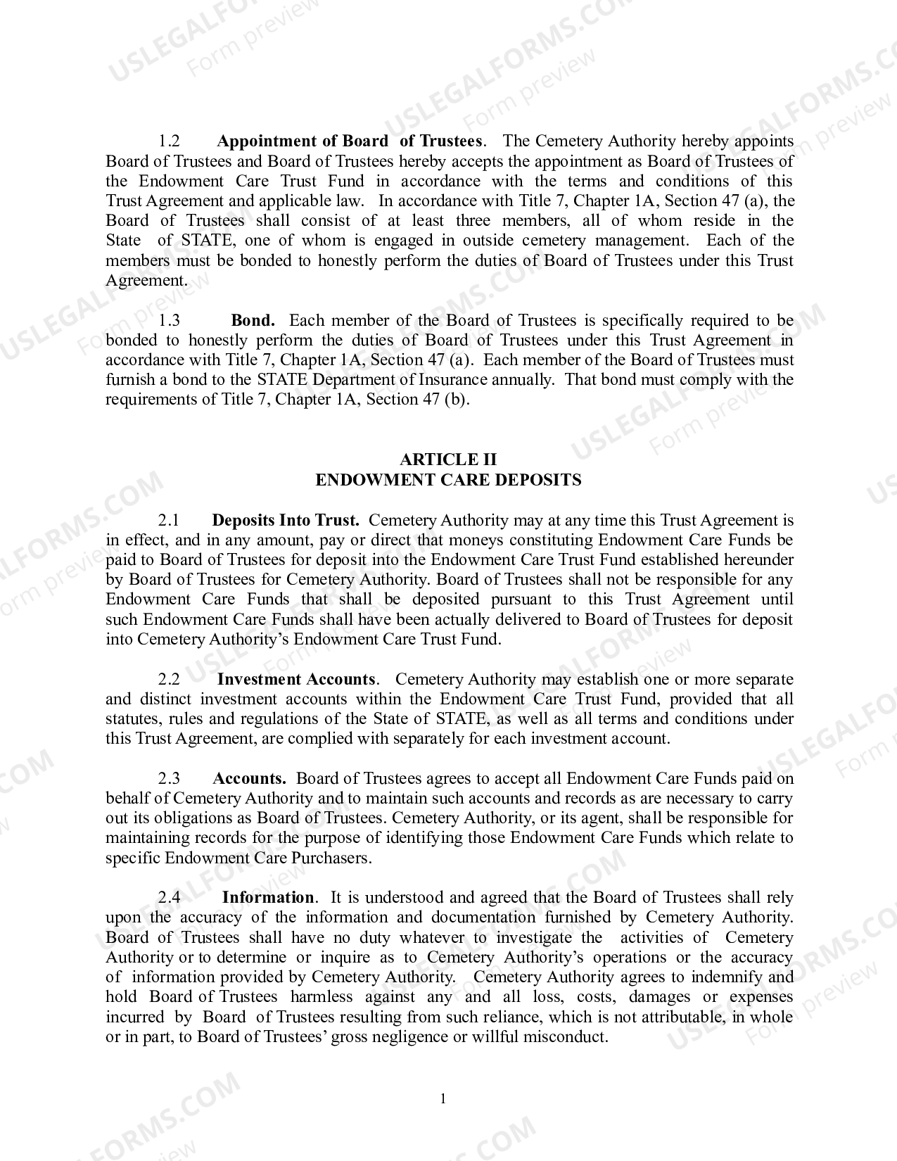 Preneed Endowment Care Cemetery Trust Agreement - Board of Trustees ...
