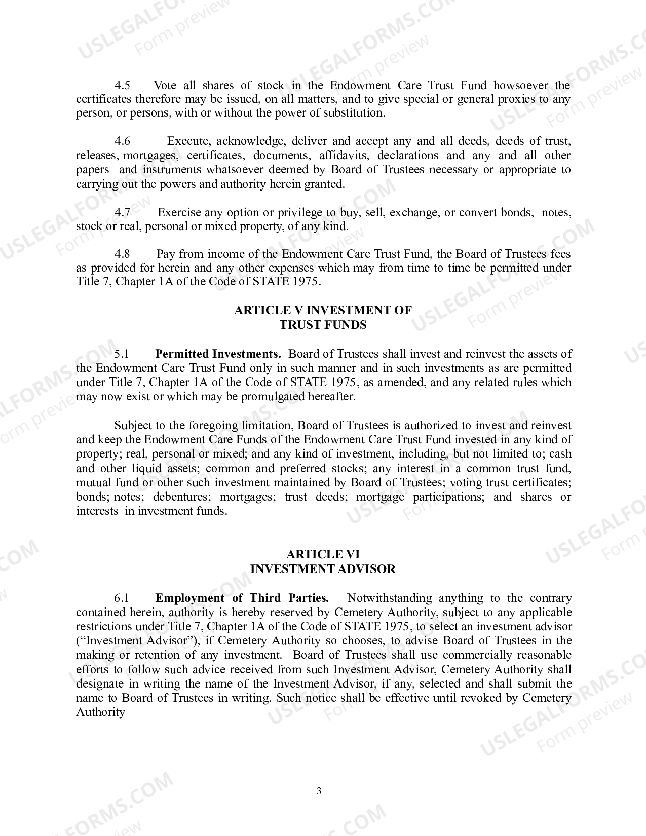 Preneed Endowment Care Cemetery Trust Agreement - Board of Trustees ...