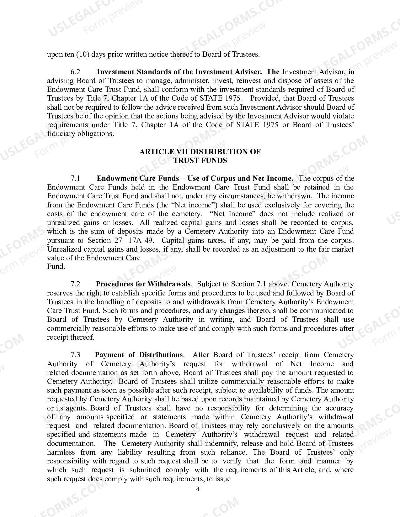 Preneed Endowment Care Cemetery Trust Agreement - Board of Trustees ...