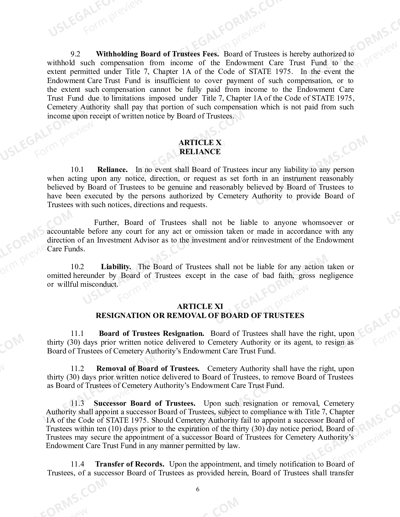 Preneed Endowment Care Cemetery Trust Agreement - Board of Trustees ...