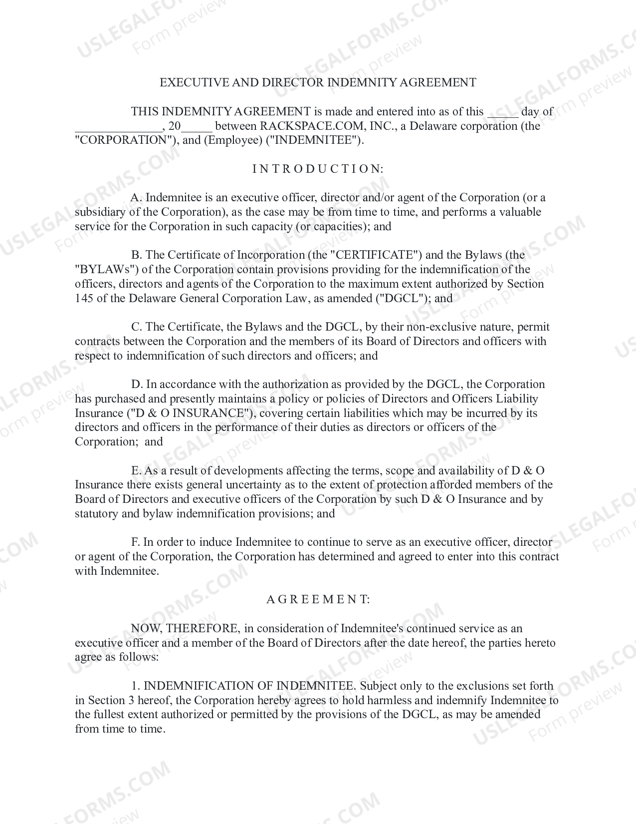 Executive and Director Indemnity Agreement | US Legal Forms