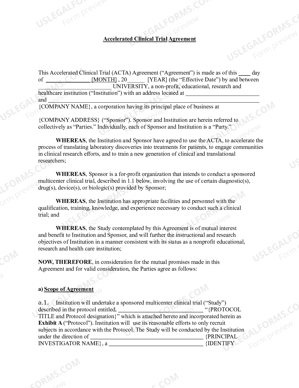 Accelerated Clinical Trial Agreement between Institution and Sponsor ...