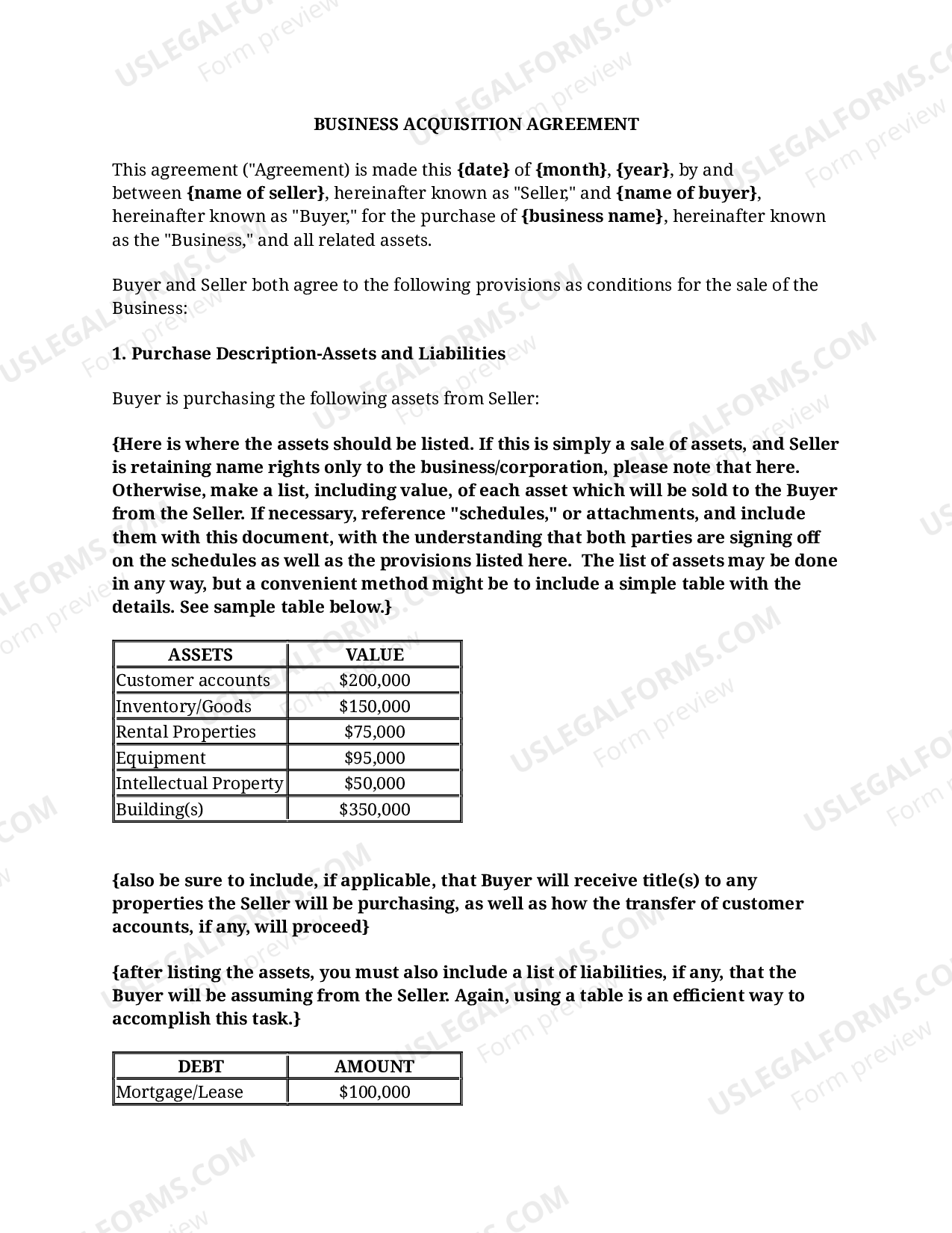 Business Acquisition Agreement | US Legal Forms