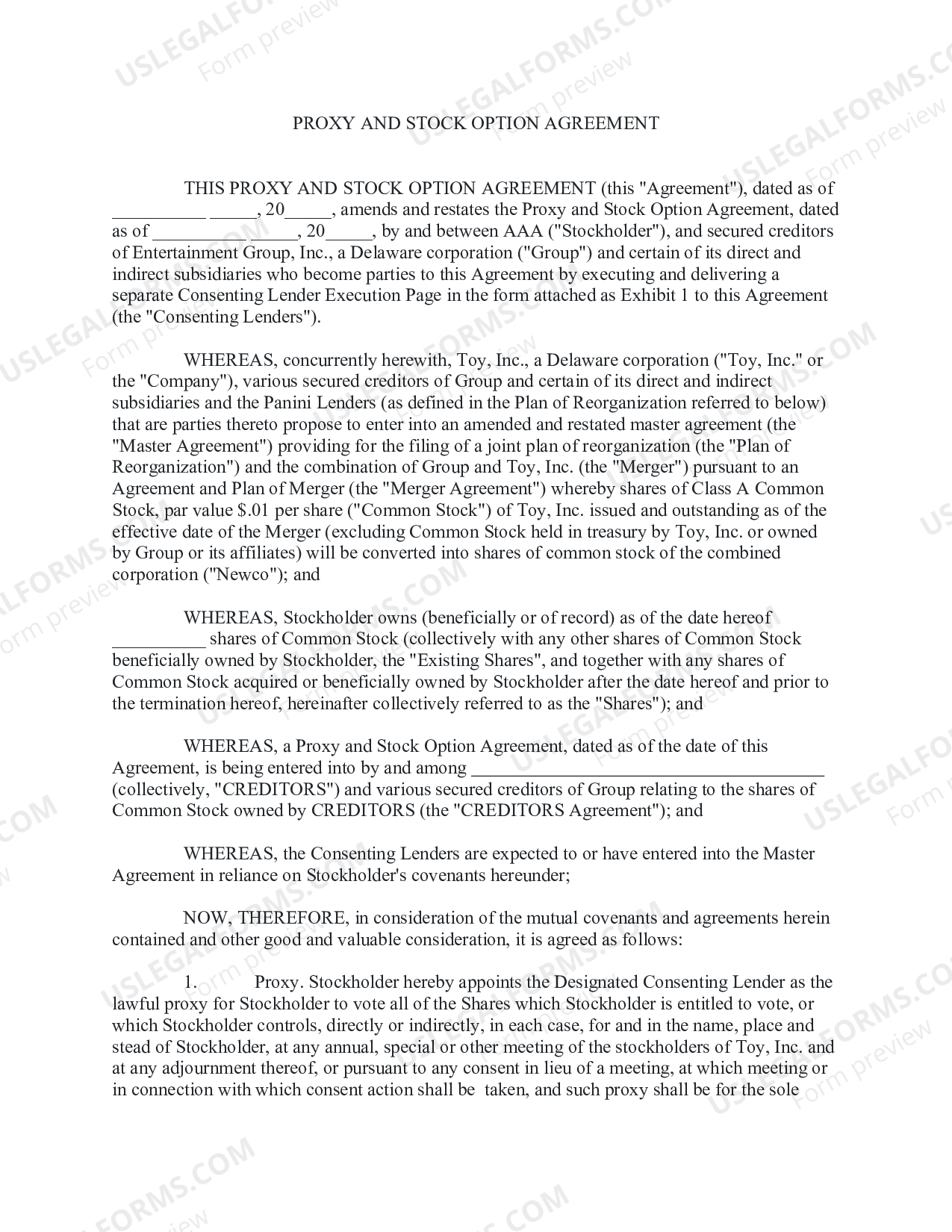 Proxy and Stock Option Agreement | US Legal Forms