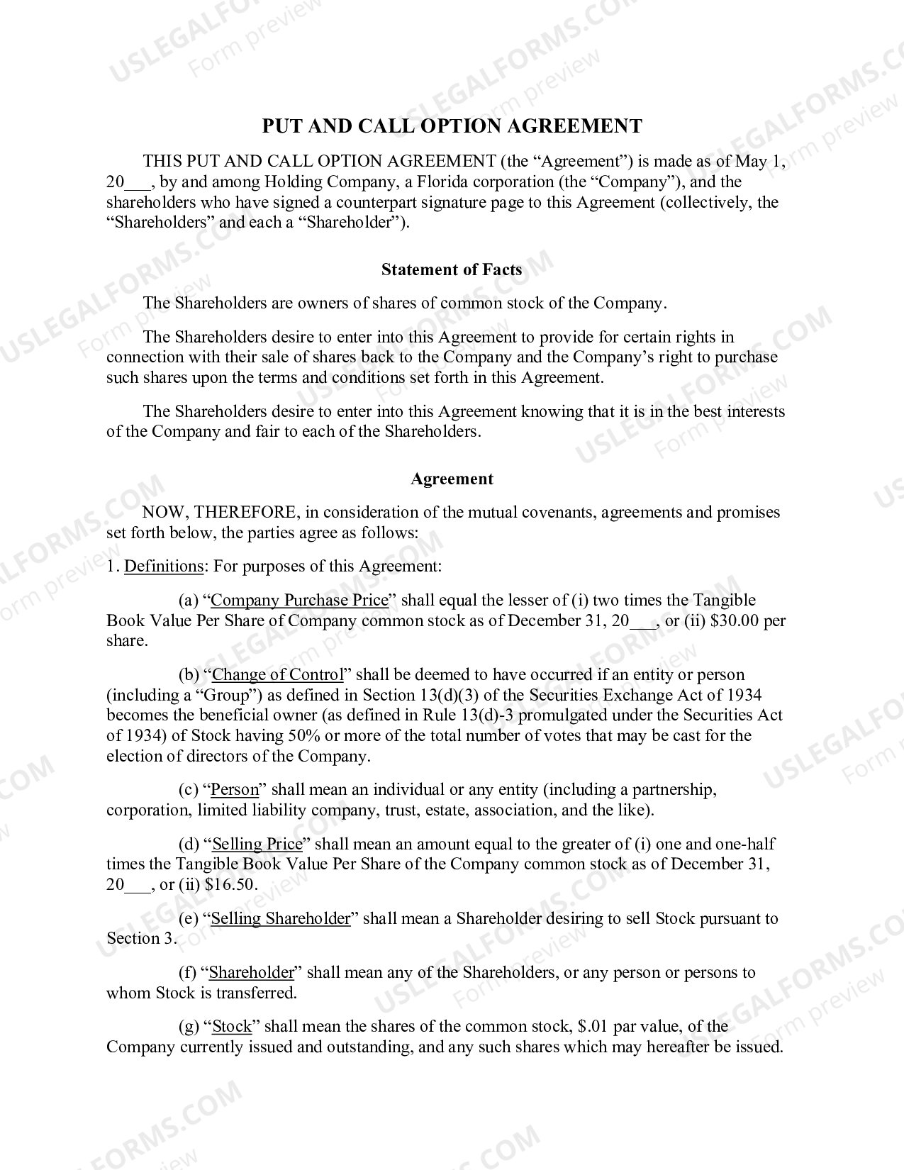 Put and Call Option Agreement | US Legal Forms