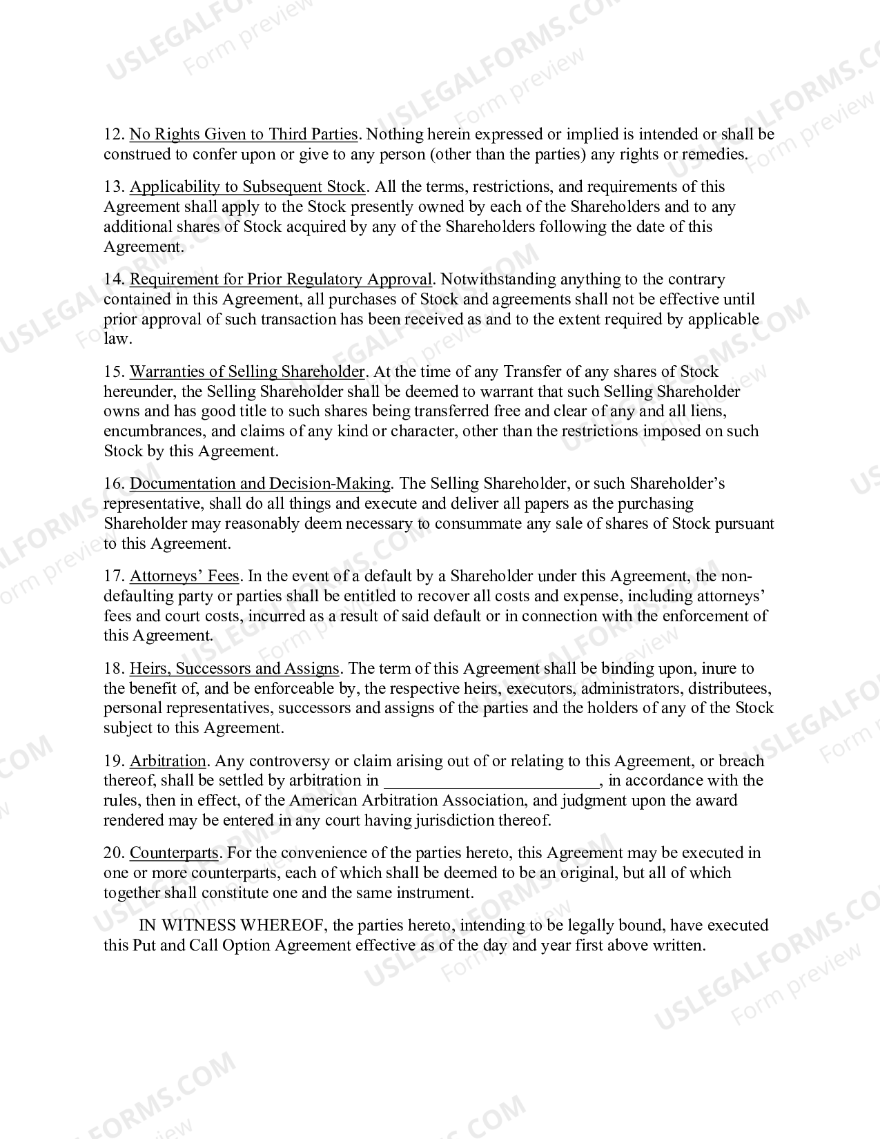Put and Call Option Agreement | US Legal Forms