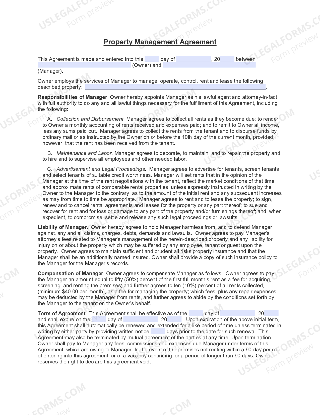 Basic Property Management Agreement | US Legal Forms