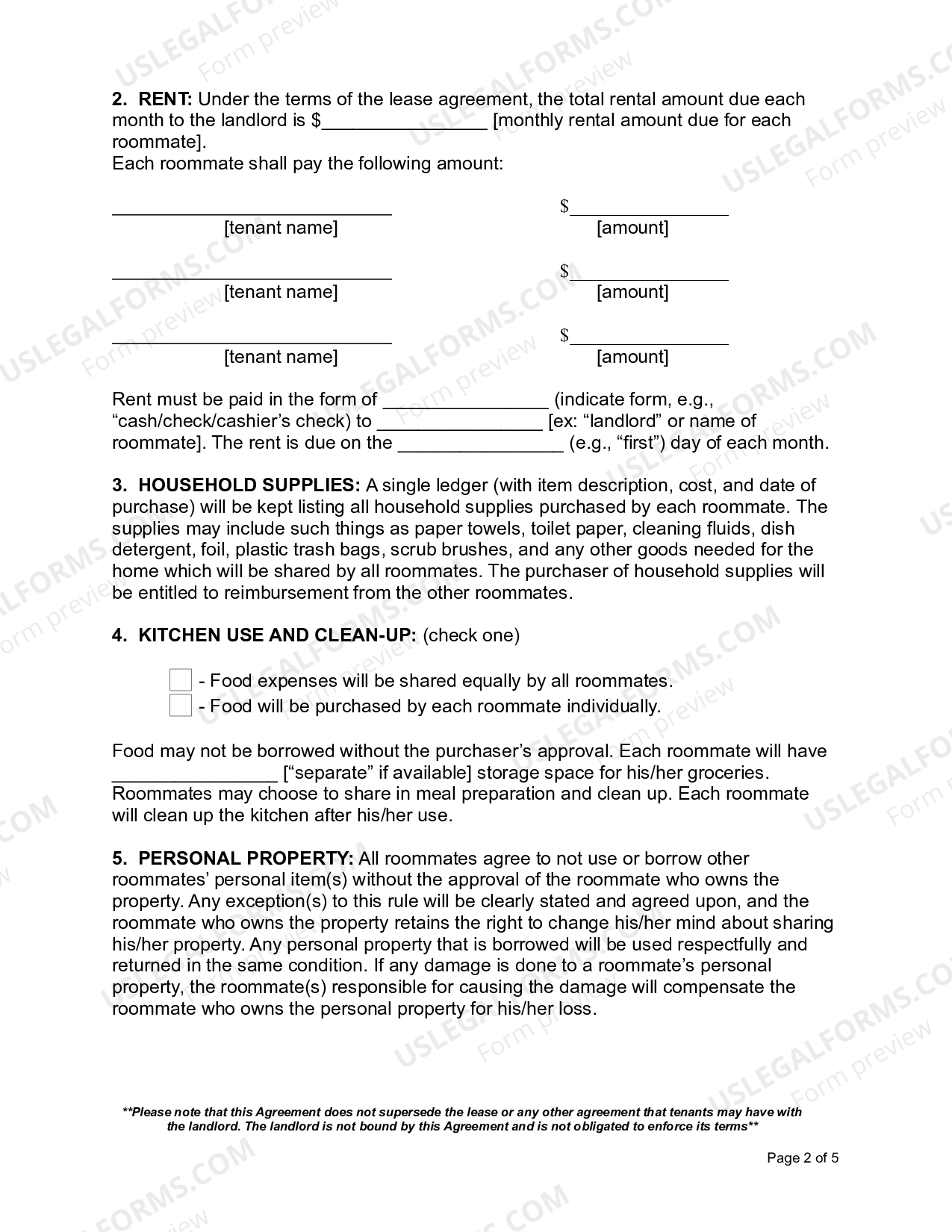 Roommate Agreement - Legal Roommate Rental Agreement | US Legal Forms