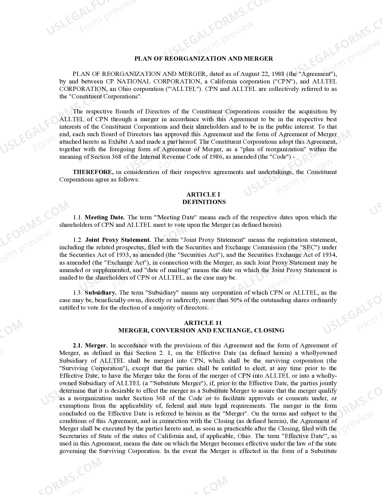 Plan of Reorganization and Merger between CP National Corp. and Alltel ...