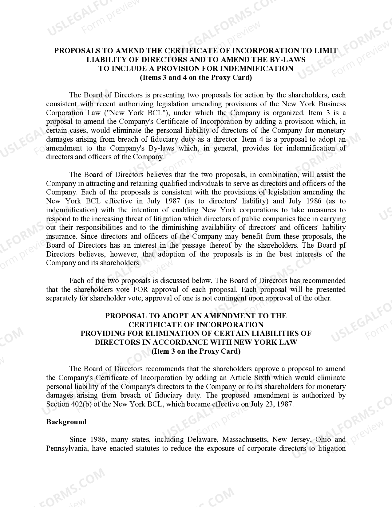Proposal to amend certificate of incorporation with copy of proposed ...