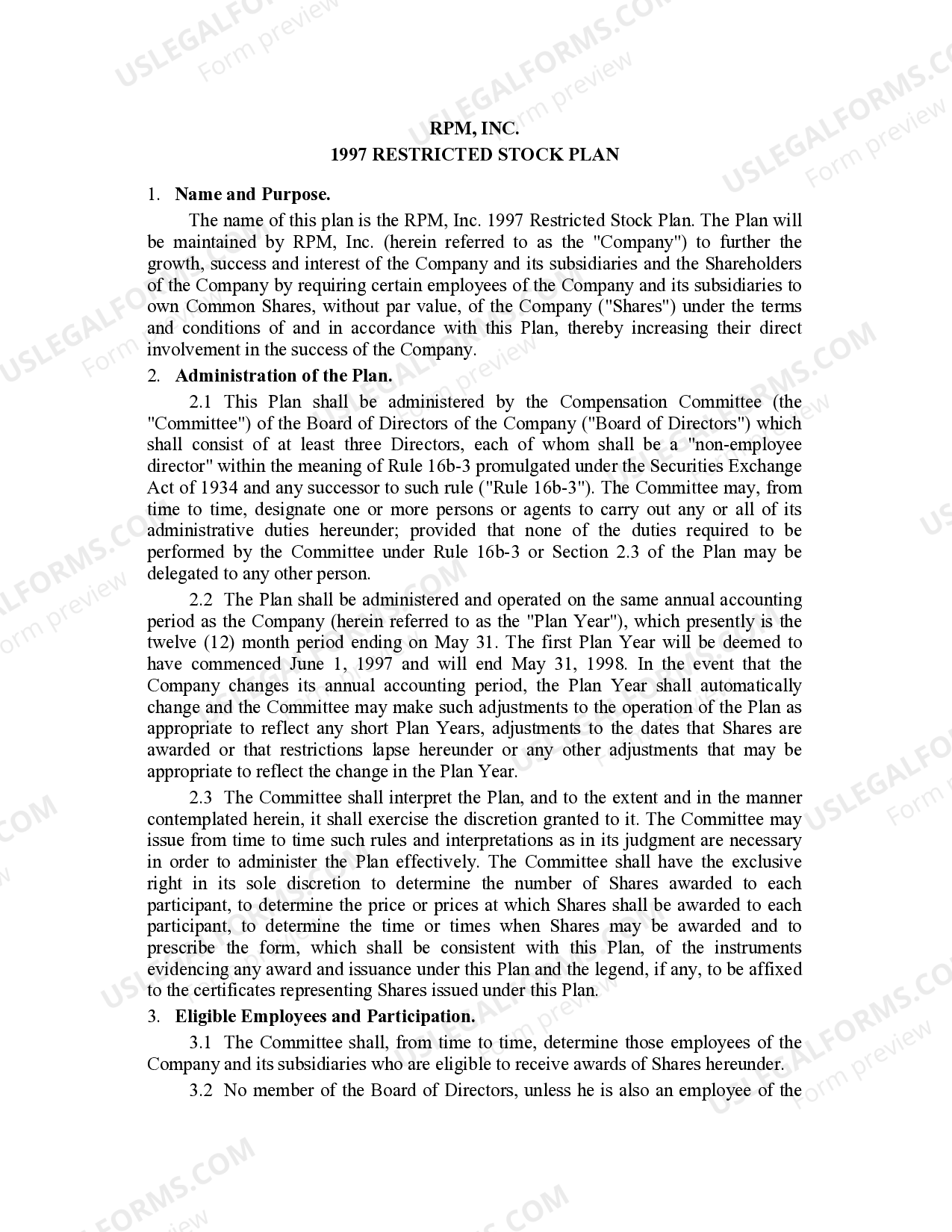 Restricted Stock Plan of RPM, Inc. | US Legal Forms