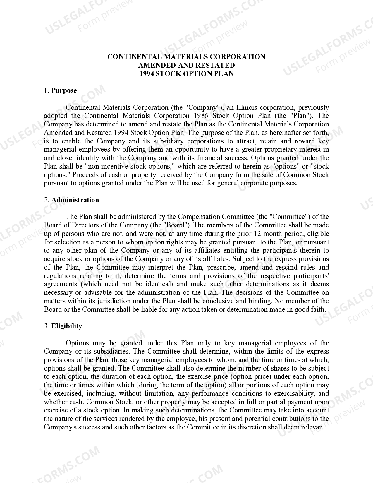 Amended and Restated Stock Option Plan of Continental Materials Corp ...