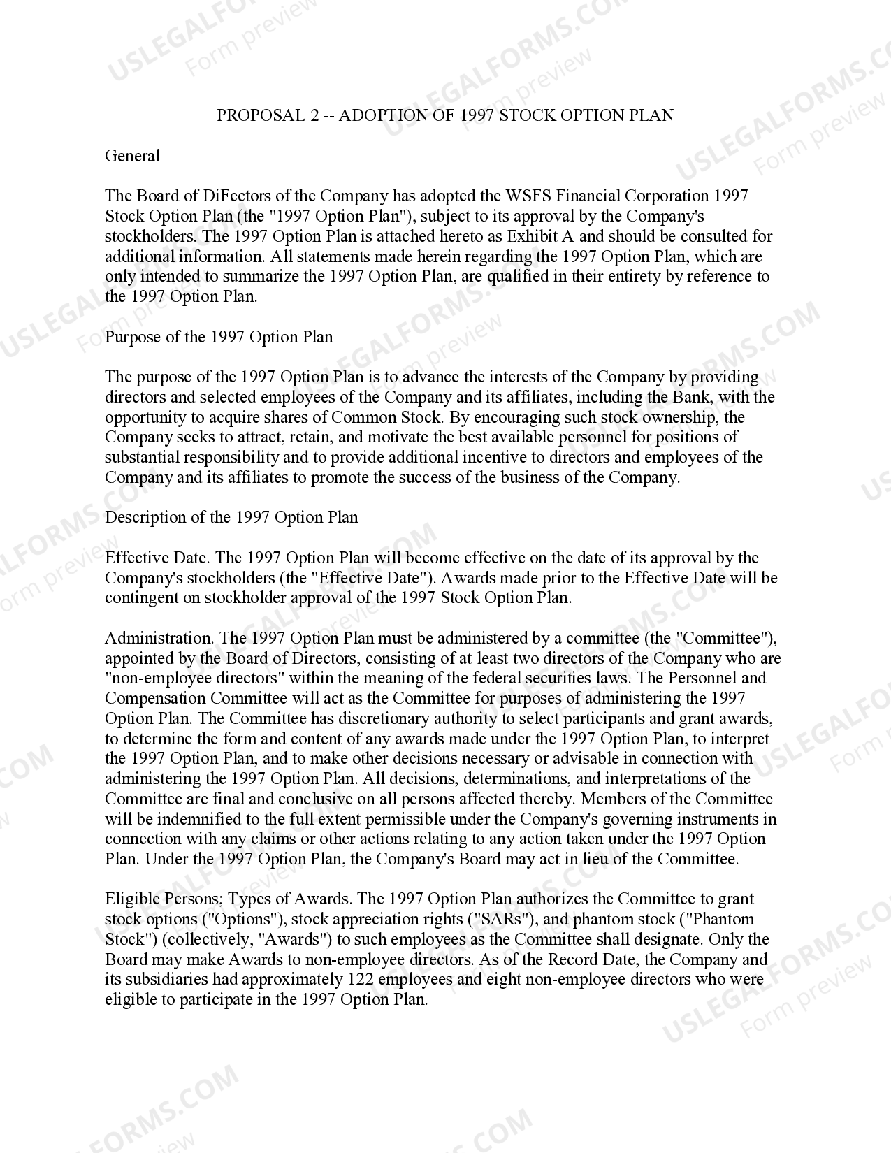 Adoption of Stock Option Plan of WSFS Financial Corporation | US Legal ...