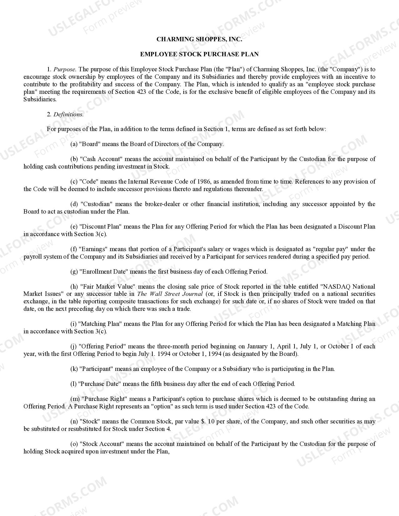 Employee Stock Purchase Plan of Charming Shoppes, Inc. | US Legal Forms