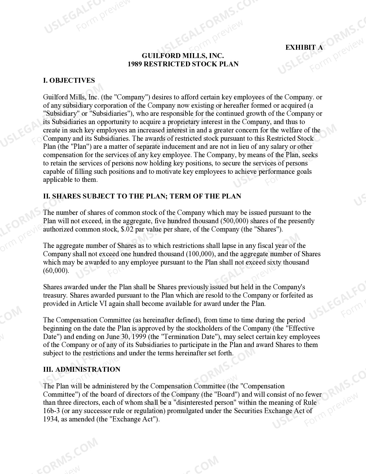 Restricted Stock Plan of Guilford Mills, Inc. | US Legal Forms