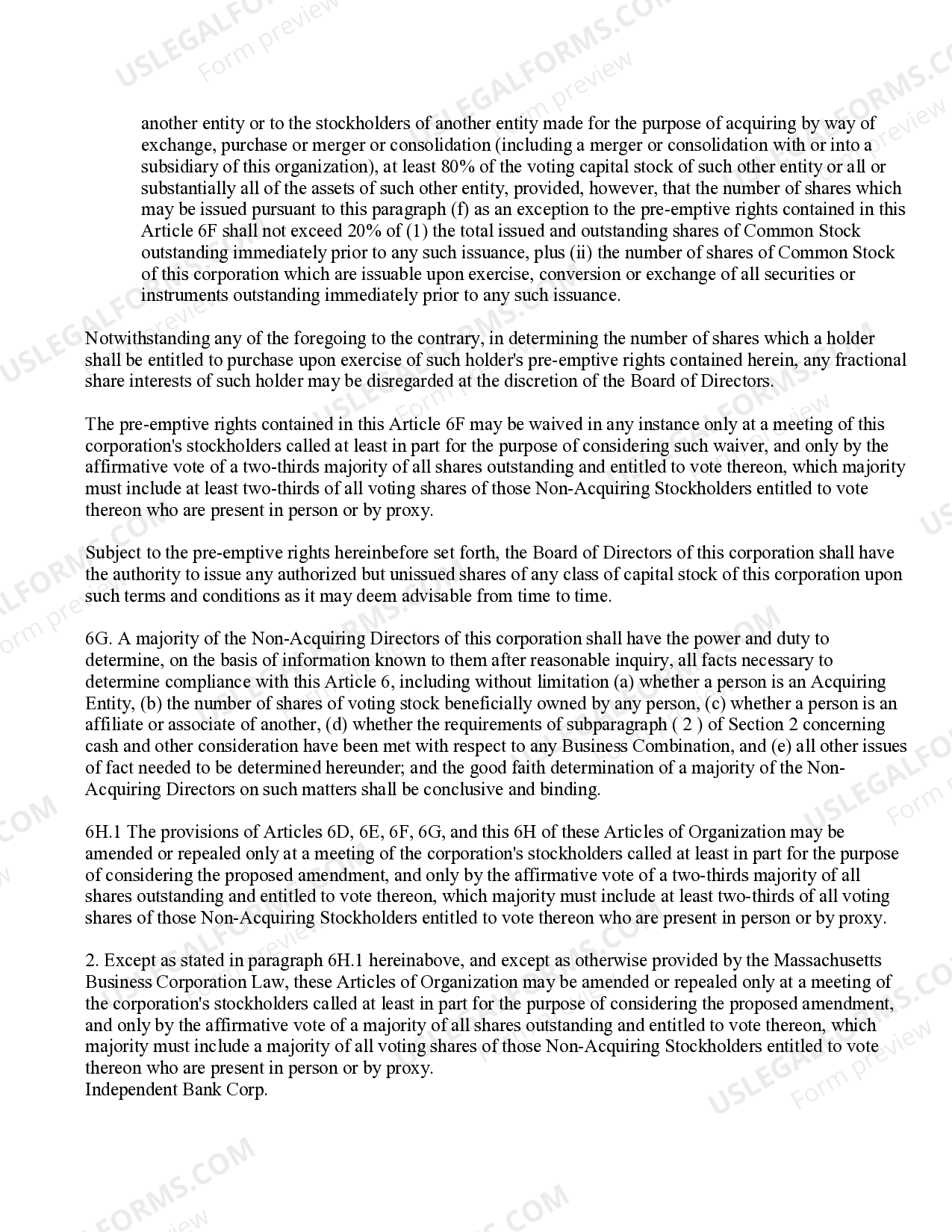 Waiver of Preemptive Rights with copy of restated articles of ...
