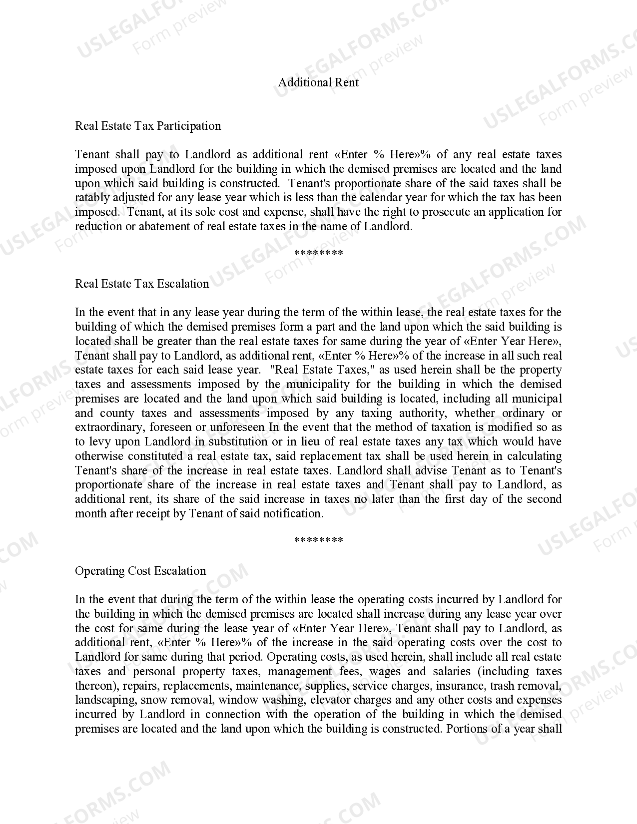 Clauses resulting in Additional Rent | US Legal Forms