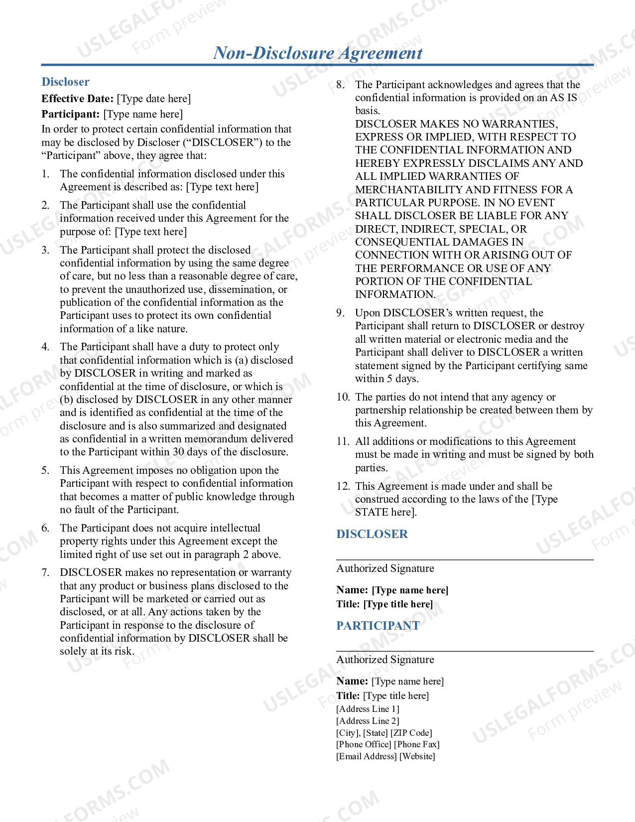 Non-Disclosure Agreement - One Page Form | US Legal Forms