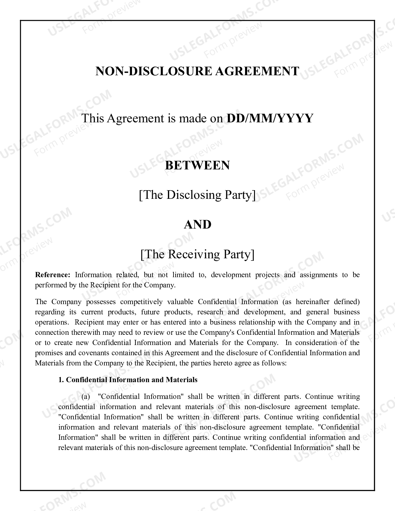 Non-Disclosure Agreement between Disclosing and Receiving Parties | US ...