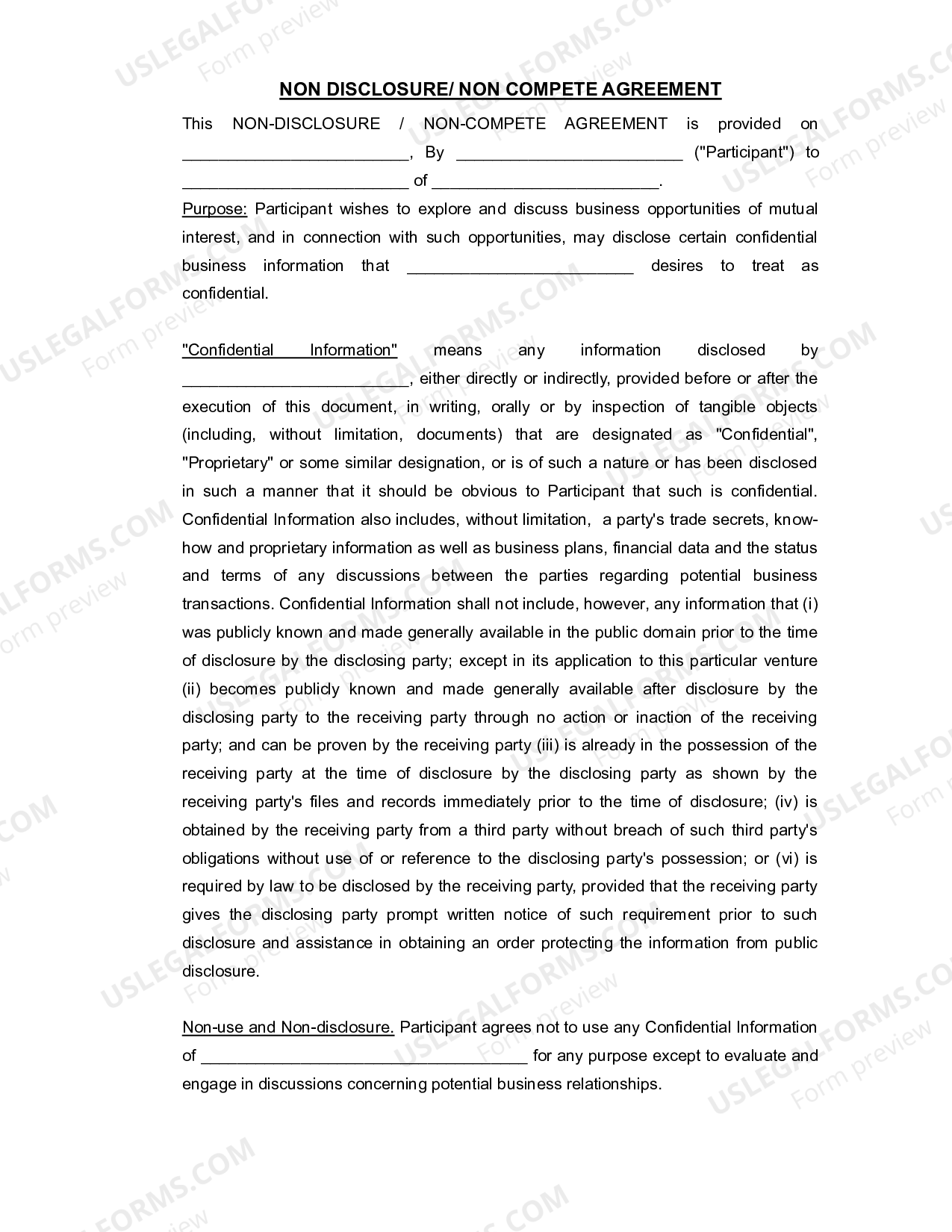 Non-Disclosure with Non-Complete Agreement | US Legal Forms