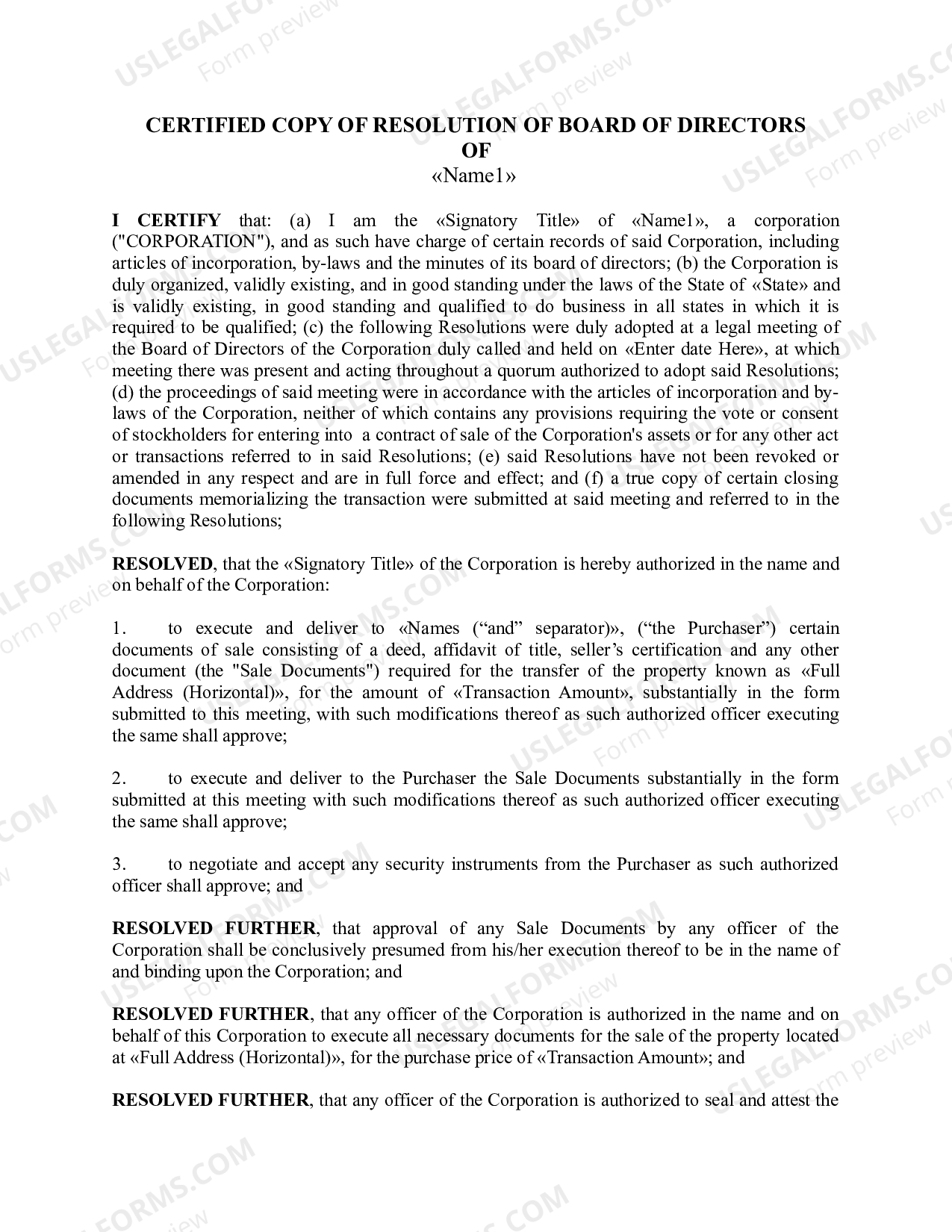Resolution By Board Of Directors Of Authorizing The Sale Of Real Estate ...