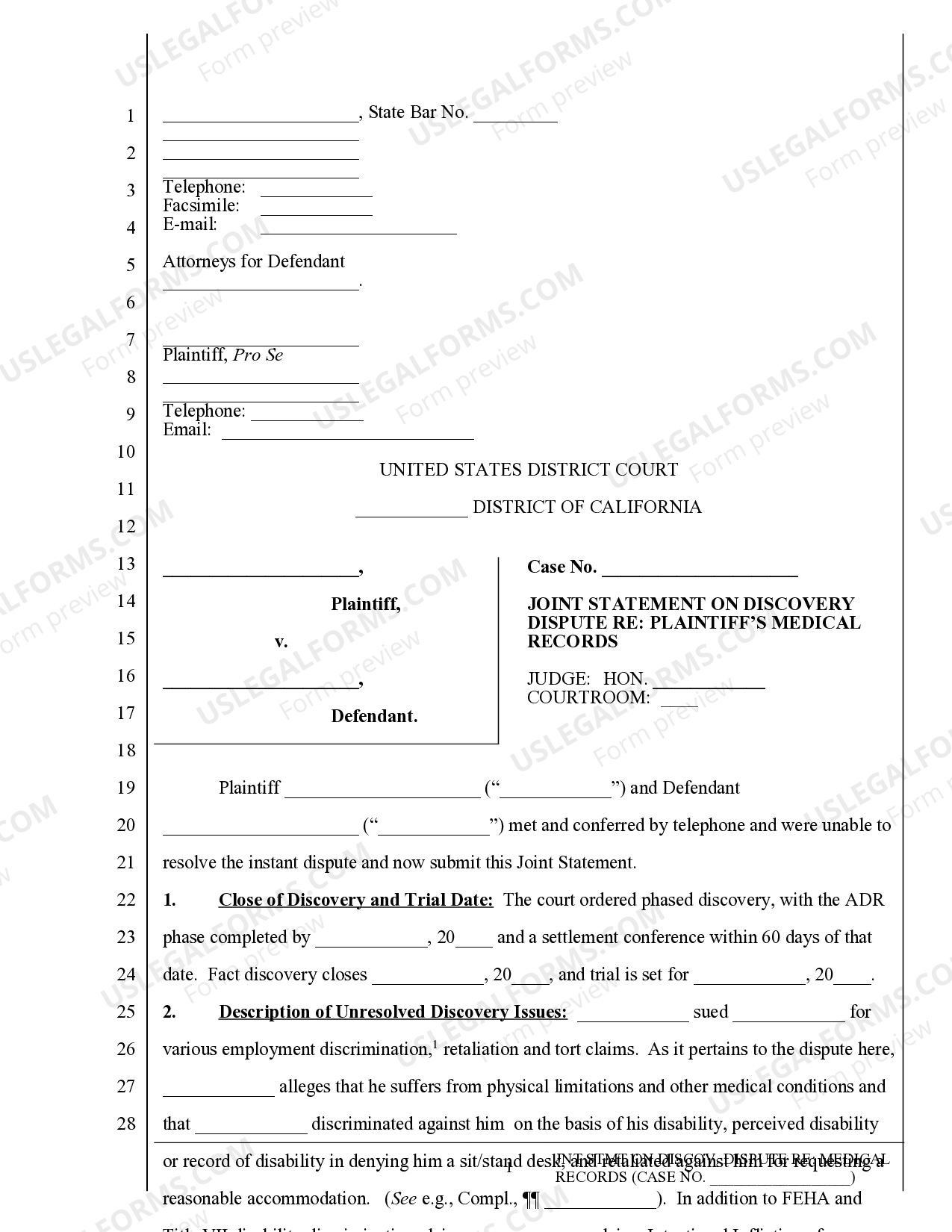 Joint Statement on Discovery Dispute | US Legal Forms