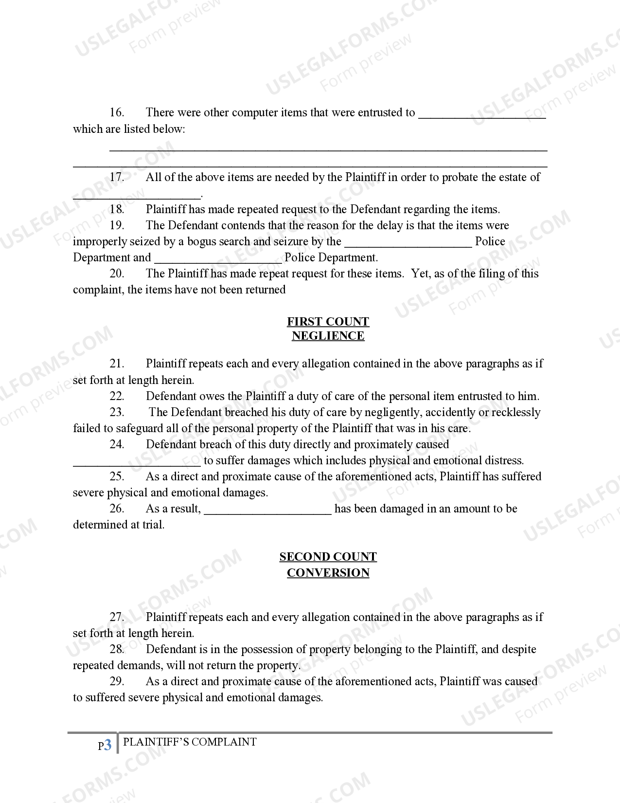 Complaint with Jury Demand for Conversion and Negligence | US Legal Forms