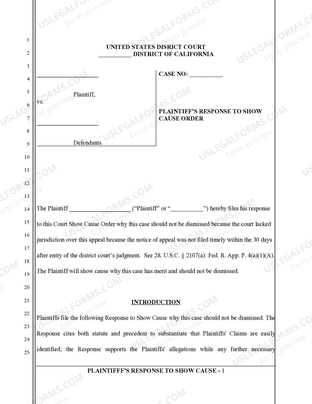 Plaintiff's Response to Show Cause Order | US Legal Forms