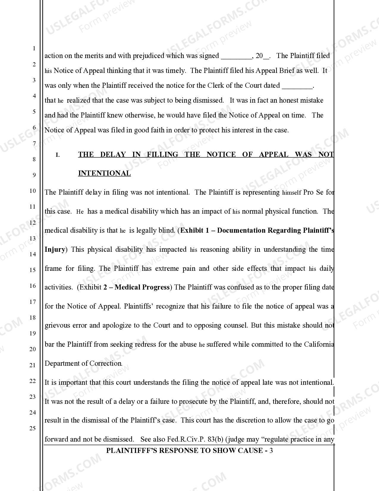 Plaintiff's Response to Show Cause Order | US Legal Forms