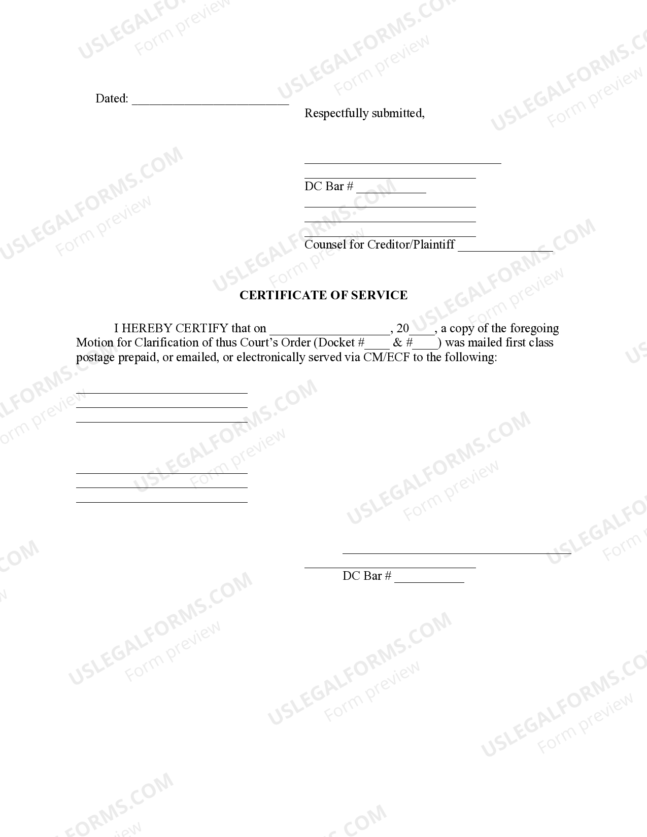 Motion for Clarification of Bankruptcy Court's Order | US Legal Forms